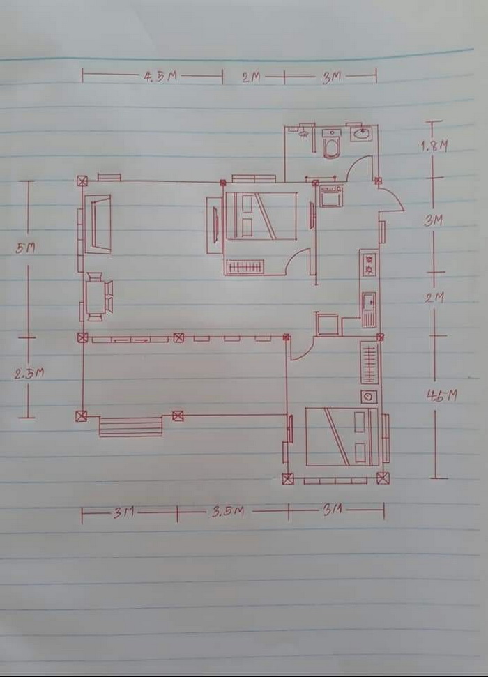 แบบบ้านชั้นเดียวราคาประหยัด สไตล์โมเดิร์น รูปทรงตัวแอล 2 ห้องนอน 1 ...