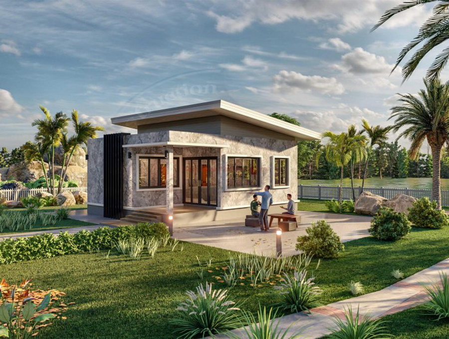 แบบบ้านชั้นเดียวสไตล์โมเดิร์น รูปทรงกะทัดรัด 2 ห้องนอน 1 ห้องน้ำ พื้นที่ใช้สอย 63 ตร.ม. ...