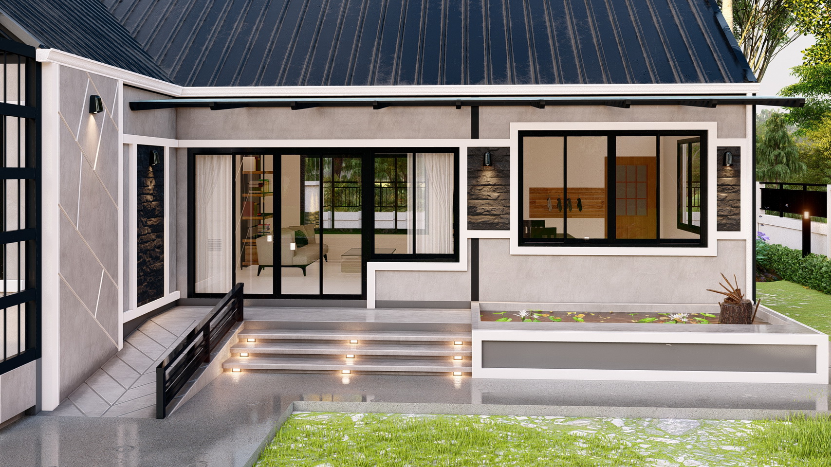 แบบบ้านเดี่ยวชั้นเดียวไตล์คาเฟ่ รูปทรงตัวที (T-Shaped House) 2 ห้องนอน ...