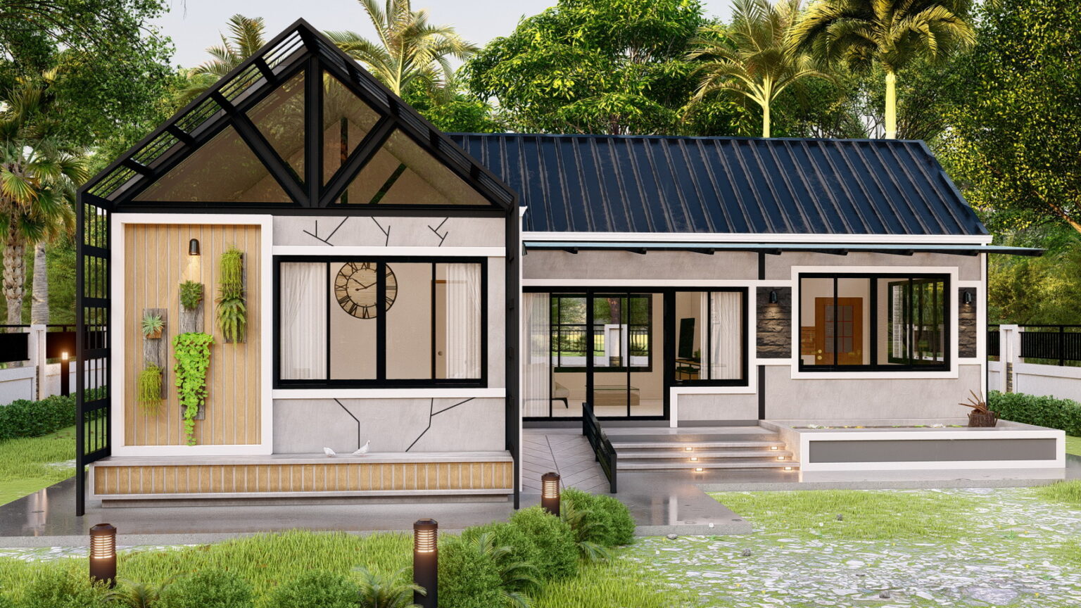 แบบบ้านเดี่ยวชั้นเดียวไตล์คาเฟ่ รูปทรงตัวที (T-Shaped House) 2 ห้องนอน ...