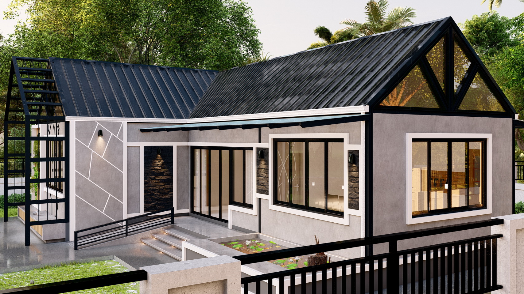 แบบบ้านเดี่ยวชั้นเดียวไตล์คาเฟ่ รูปทรงตัวที (T-Shaped House) 2 ห้องนอน ...