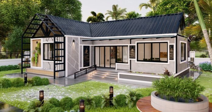 แบบบ้านเดี่ยวชั้นเดียวไตล์คาเฟ่ รูปทรงตัวที (T-Shaped House) 2 ห้องนอน ...